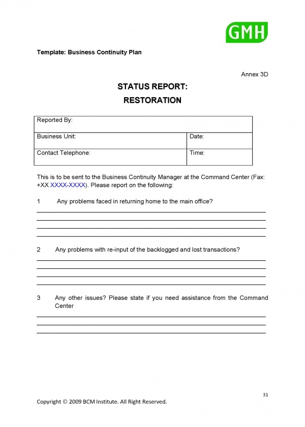 Status report: Restoration - BCMpedia. A Wiki Glossary for Business ... Status report: Restoration - BCMpedia. A Wiki Glossary for Business ...